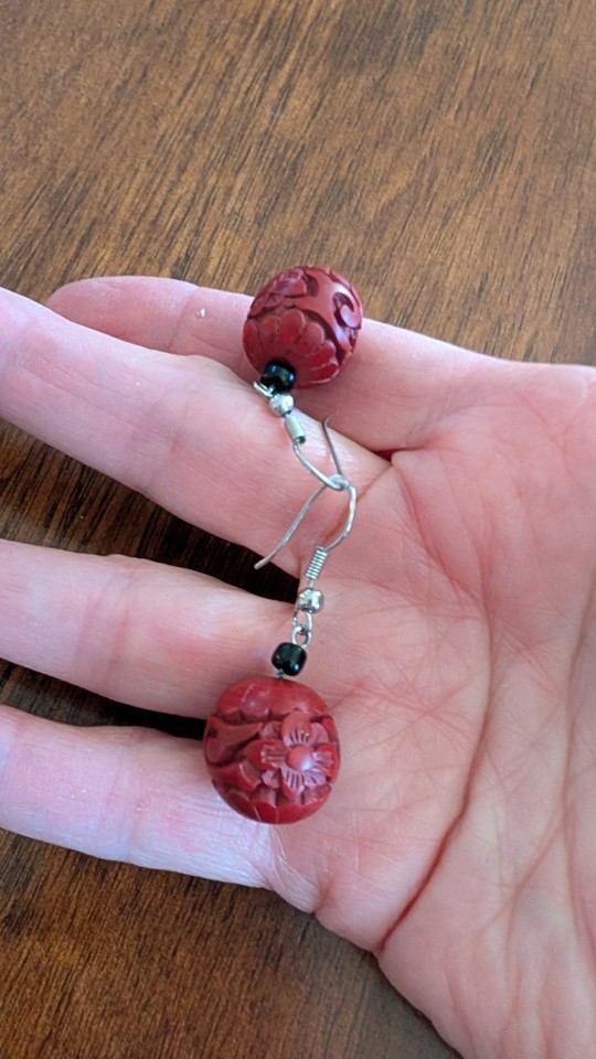 VTG Pair Earrings 1930 Carved Cinnabar China Floral Motif Sphere Shape ...