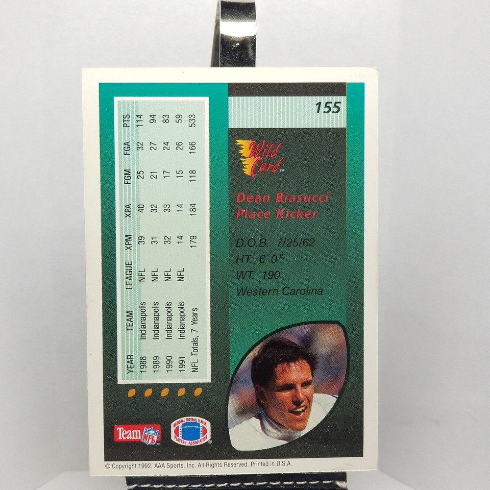 Wild Card 1992 NFL Dean Biasucci 1000 Stripe (WARNING SMOKE SMELL!) | eBay