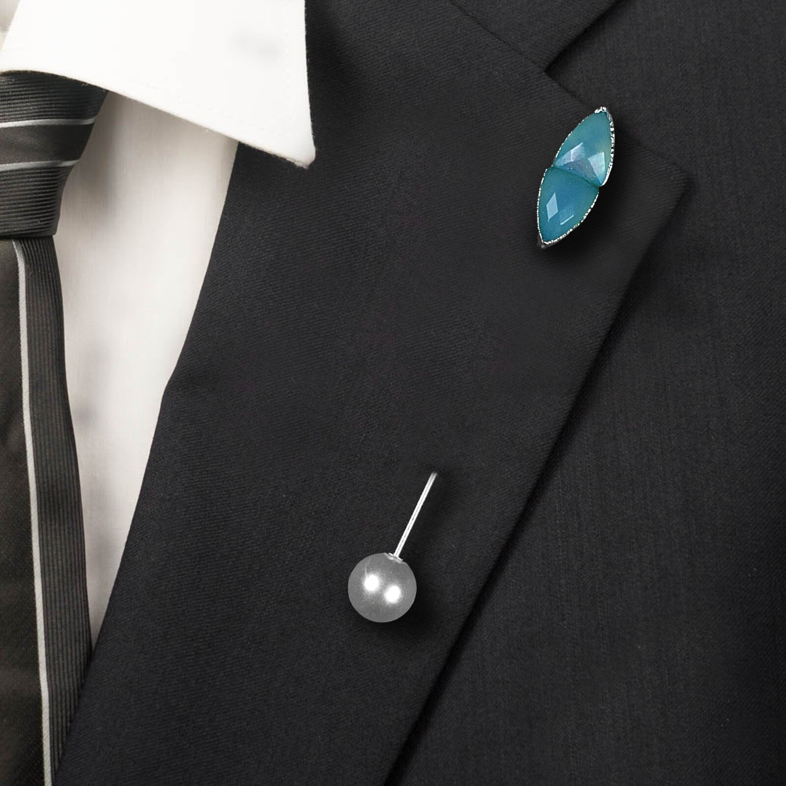 Faceted Aqua Chalcedony & Pearl Lapel Pin Suit Brooch Stylish Men's ...