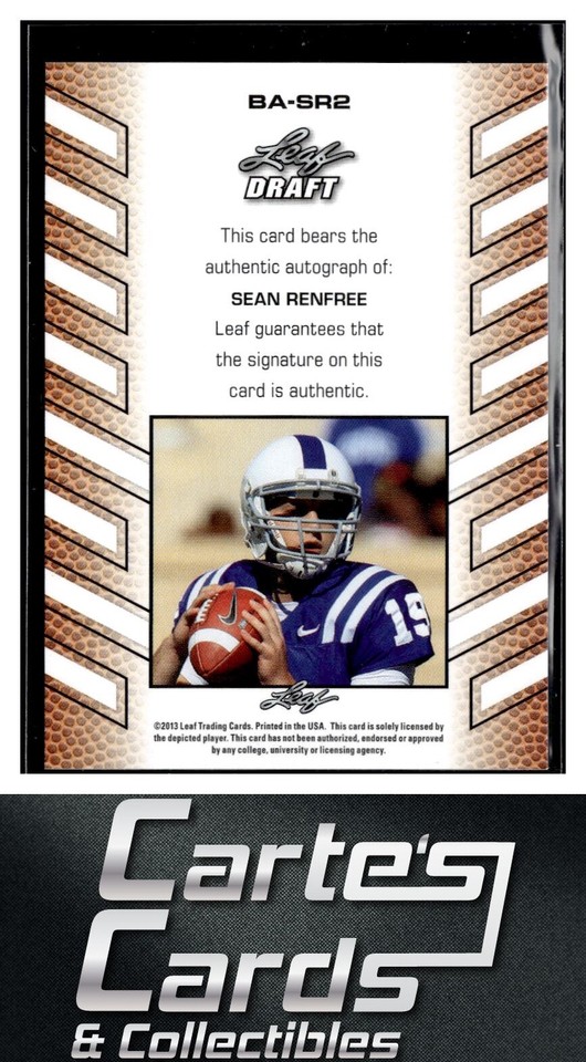 Sean Renfree 2013 Leaf Draft #BA-SR2 Autographs Duke Blue Devils Auto ...