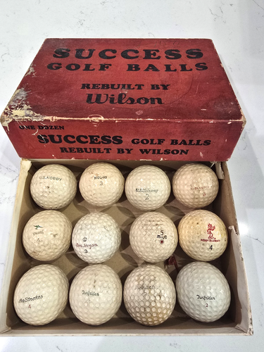 VINTAGE WILSON SUCCESS DOZEN GOLF BALL BOX WITH 12 DIFFERENT VINTAGE ...
