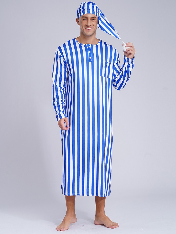 Mens Striped Sleepwear Long Sleeve Nightshirt Night Pajama Set with ...