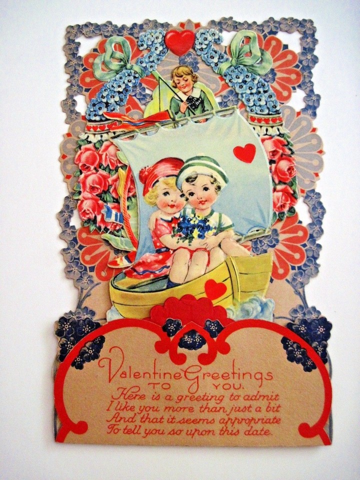 Large Victorian Valentine Card w/ Adorable Couple In Boat Die Cut ...