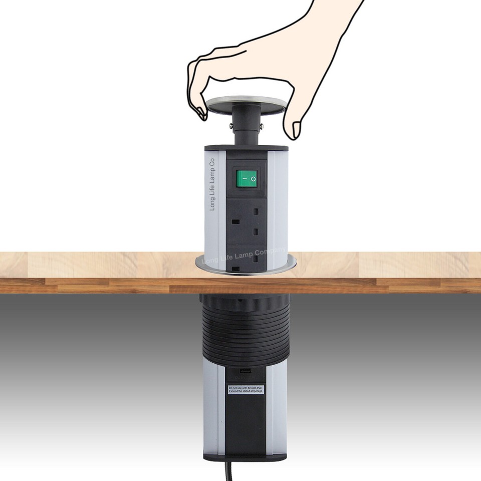 POP UP Power Tower 3 Socket 2 USB with Safety Switch Silver/Stainless ...