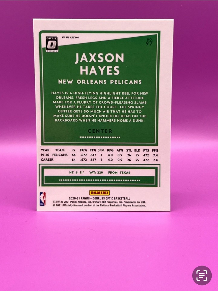 2020-21 Panini Donruss Optic Purple Holo Prizm Jaxson Hayes #97 SP ...