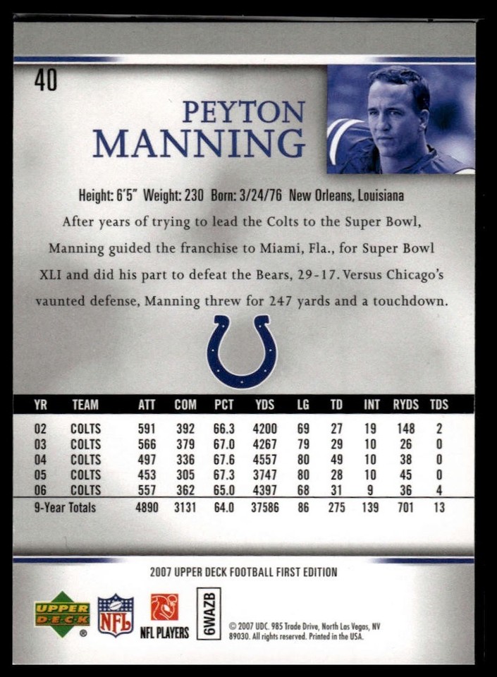 2007 Upper Deck First Edition #40 Peyton Manning | eBay