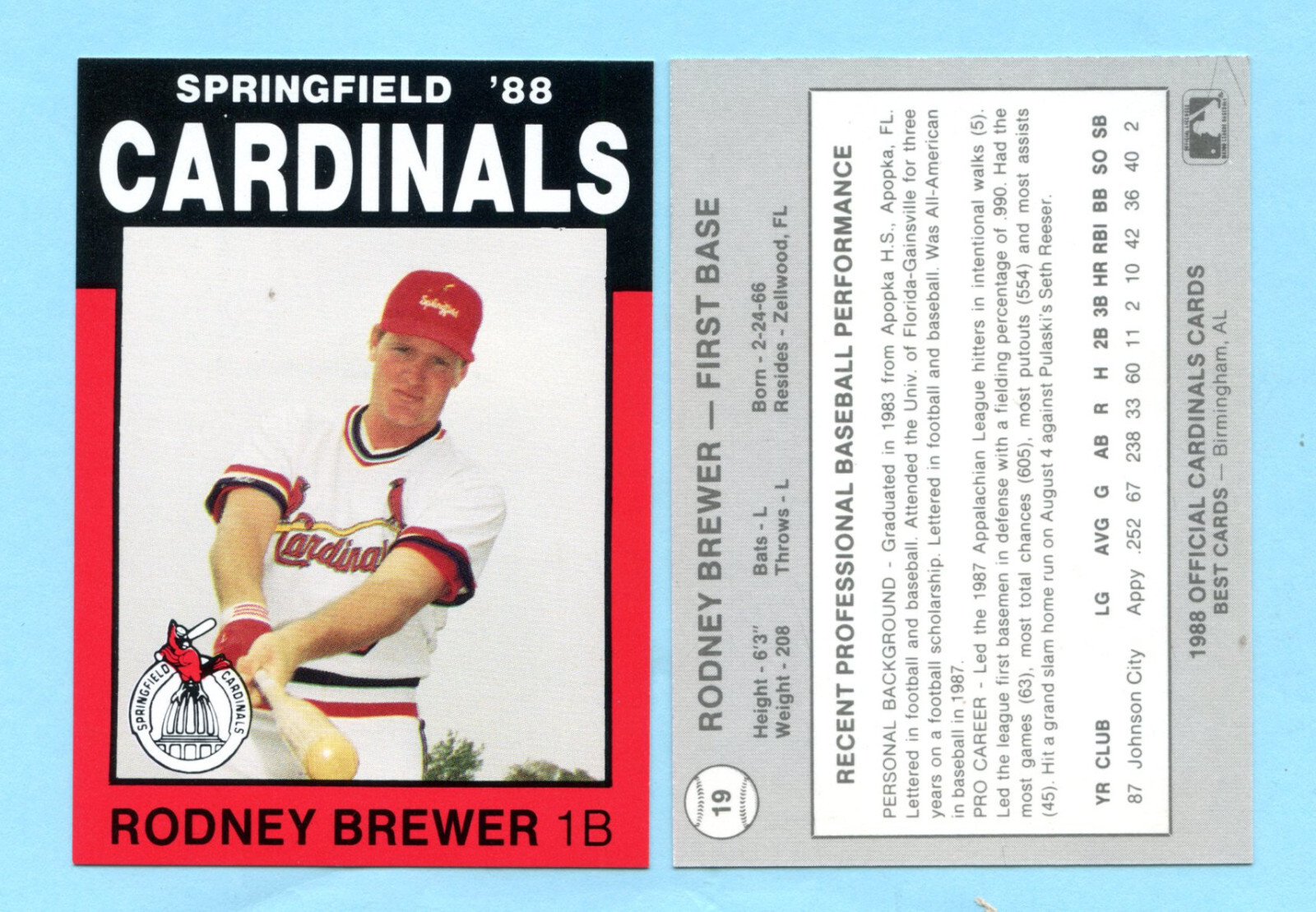 1988 Best Cards Minor League Springfield Cardinals - Rodney Brewer- Box ...