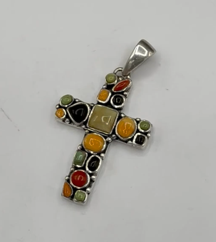 Annie Chapo NAVAJO Sterling Turquoise Gaspeite Coral Onyx Oyster CROSS ...