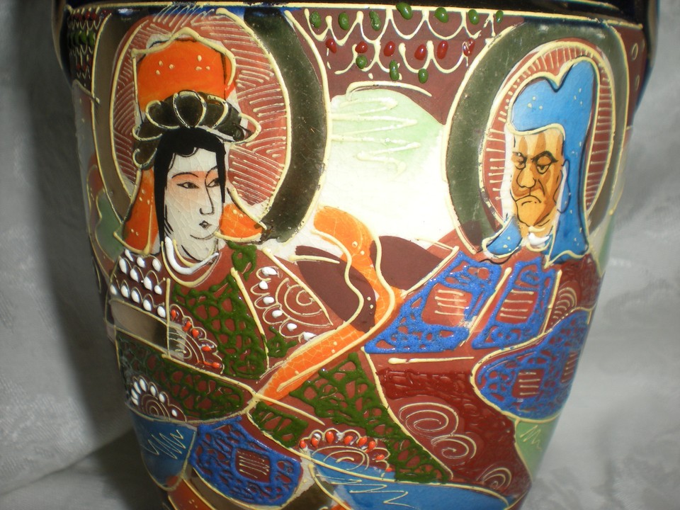 Japanese Satsuma Moriage Vase Hand Painted Cobalt Blue with Handles | eBay