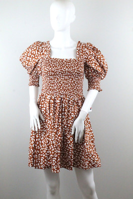 Pouf Sleeve Smocked Fit & Flare Mini Dress MSK Size Small Brown / White ...