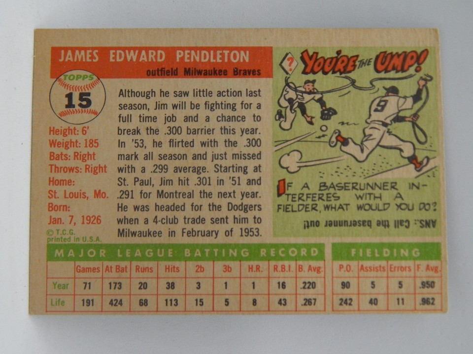 1955 Topps Baseball - #15 Milwaukee Braves - JIM PENDLETON | eBay