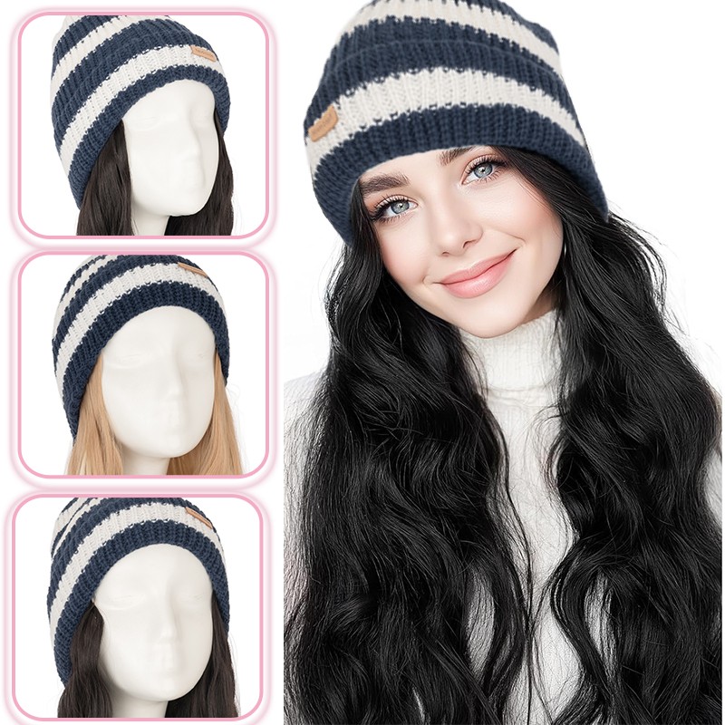 Beanie Hat with Hair for Women Knit Beanie Winter Warm Slouchy Cable ...