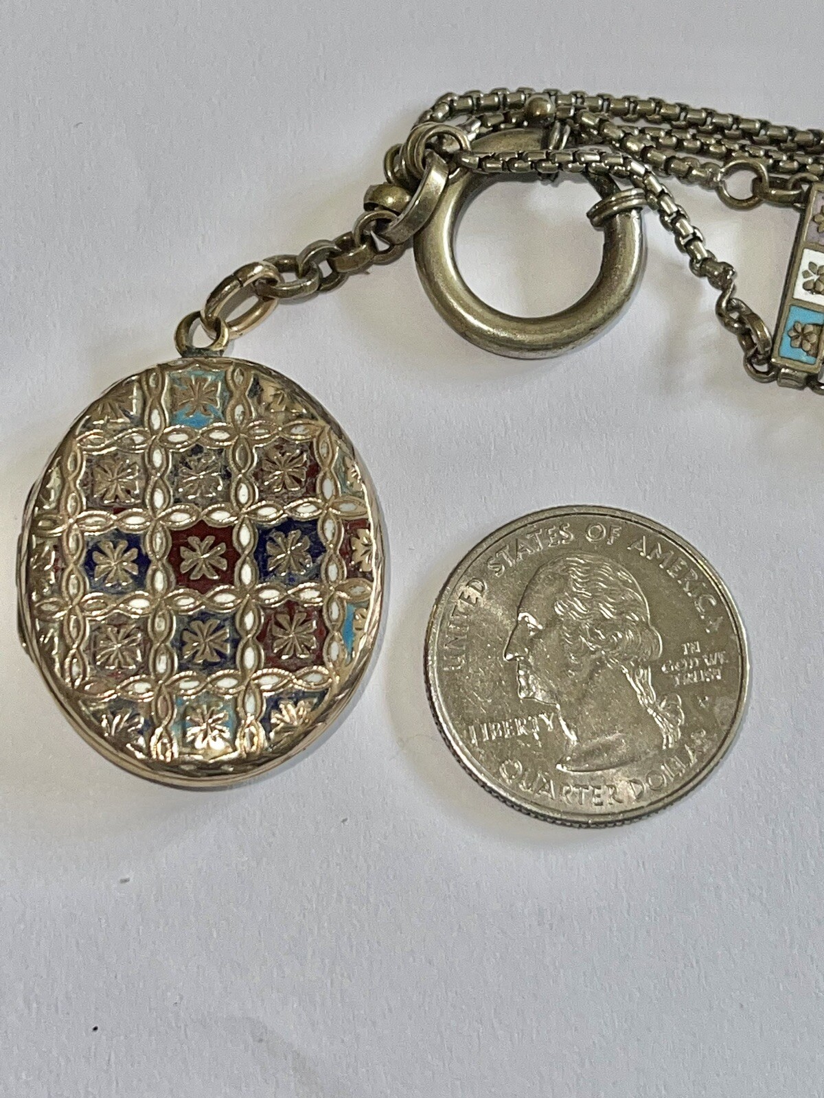 Antique Victorian Rolled Gold Enamel Oval Locket & Fob Watch Chain 5 1/ ...