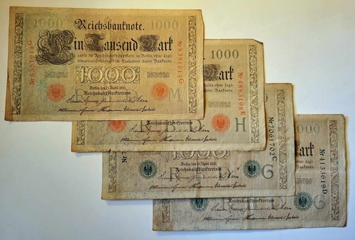 Lot of 4 1910 Germany 1000 Thousand Mark Notes 2 Red 2 Green Seal ...