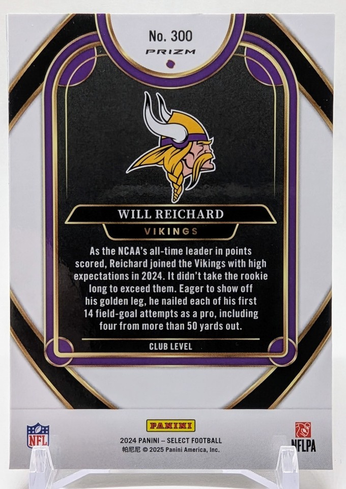 2024 Panini Select Football - Will Reichard Card 300 Club Rookie Prizm ...