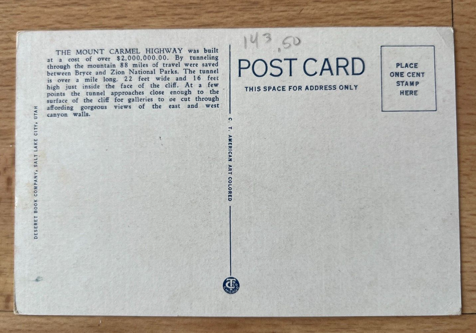 Postcard ~ Mount Carmel Highway ~ Zion National Park ~ Utah ~ UNMAILED ...