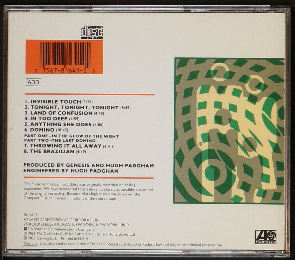 Genesis - Invisible Touch - CD MINT, includes lyric/photo insert, Fast ...