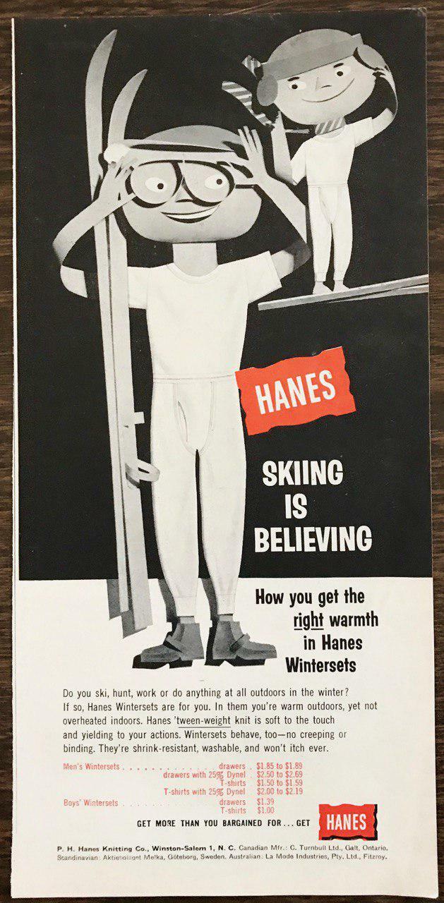 1957 Hanes Wintersets Long Underwear Print Ad Skiing is Believing | eBay