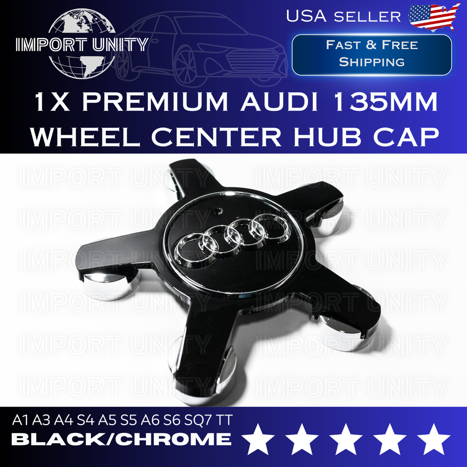 1X REPLACEMENT AUDI BLACK & CHROME 135MM SPYDER WHEEL CENTER CAP ...