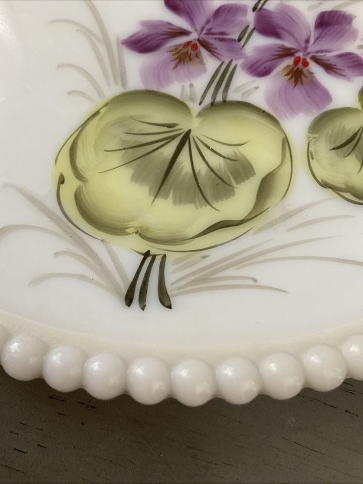 Westmoreland Milk Glass Plate Hand Painted Violets Purple Floral Beaded ...