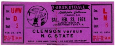 1974 CLEMSON TIGERS BASKETBALL TICKET STUBS vs NC STATE (= FULL TICKET ...
