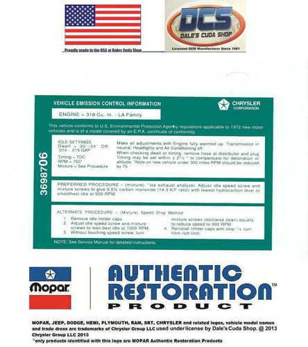 1972 Dodge Chrysler Plymouth 318 Manual Trans Emissions Decal 3698706 ...