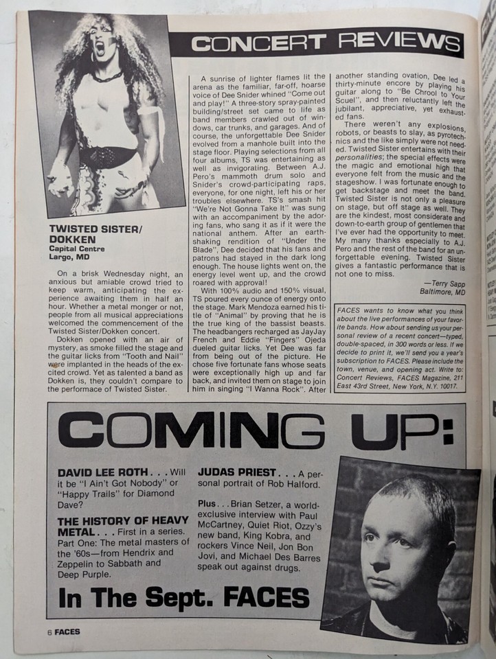 Faces Rocks Magazine August 1986 Metallica, Van Halen, Priest, Twisted ...