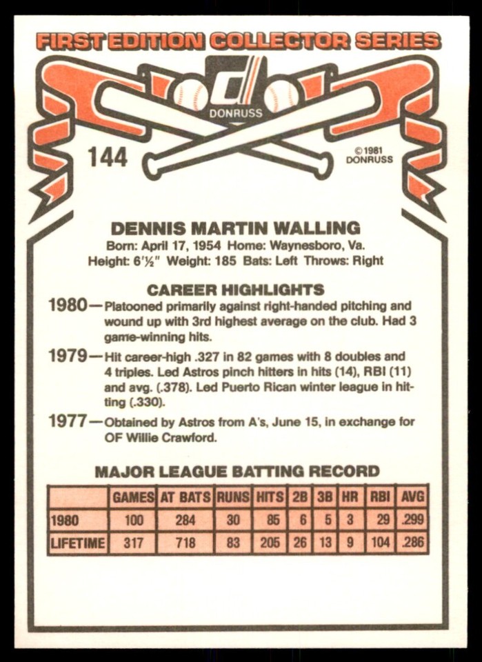 1981 Donruss Baseball Card Dennis Walling Houston Astros #144 | eBay