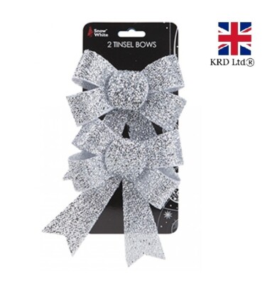 2x LARGE TINSEL SILVER BOWS Christmas Tree Bow 17cm Pack Decorations ...