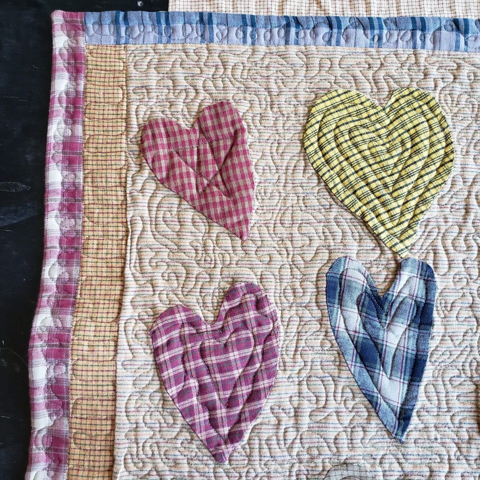 1999 Country Hearts Quilt Wall Hanging Plaid Patchwork Cottage Core 35"w x 24"h | eBay