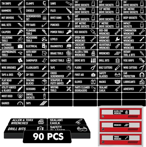 90 PCS Magnetic Toolbox Labels, 82 Pre-Printed & 8 Blanks Large Size ...