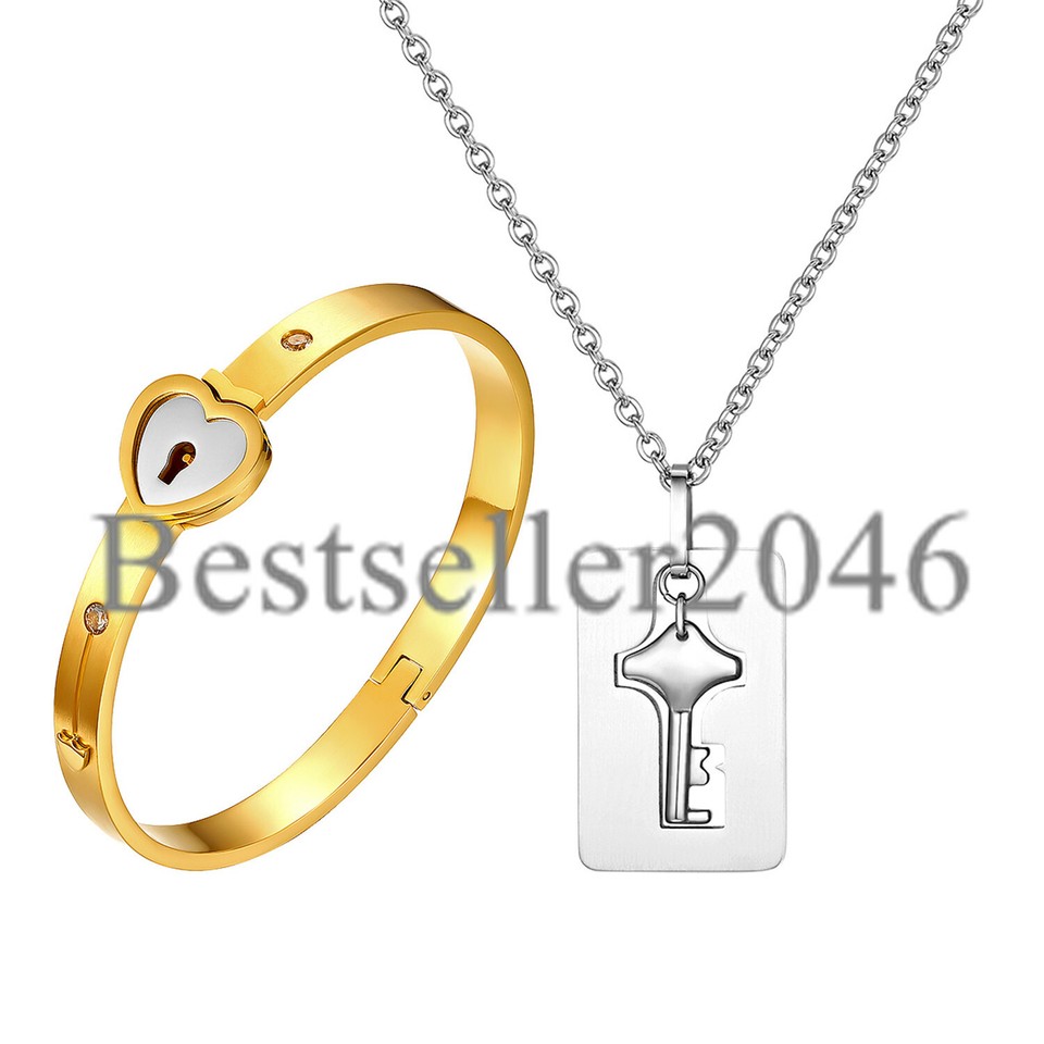 Womens Heart Lock Bangle Bracelet and Key Pendant Chain Necklace ...
