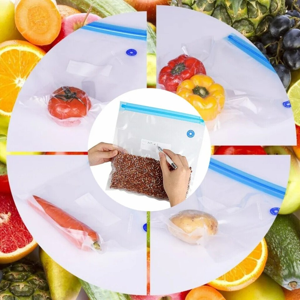 Vacuum Bags Reusable Seal Hand Pump Kitchen Food Saver 24PCS Storage ...