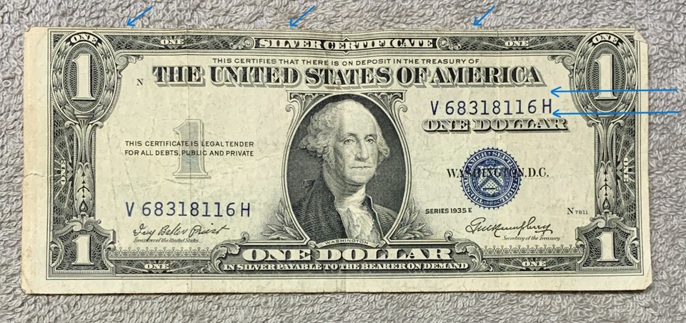 ERROR NOTE 1935 E $1 SILVER CERTIFICATE - 2- Mint error ( Off Center ...
