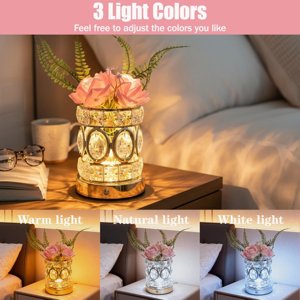 Rose Crystal Table Lamp, Rechargeable Cordless Touch Small Bedside ...