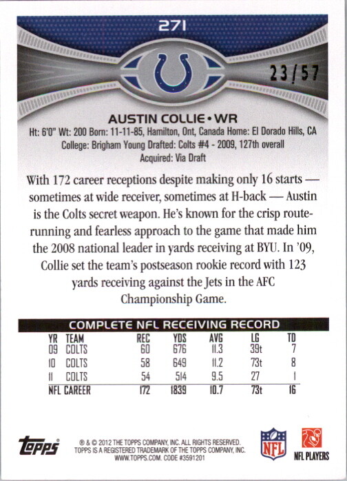 2012 Topps Black Indianapolis Colts Football Card #271 Austin Collie ...