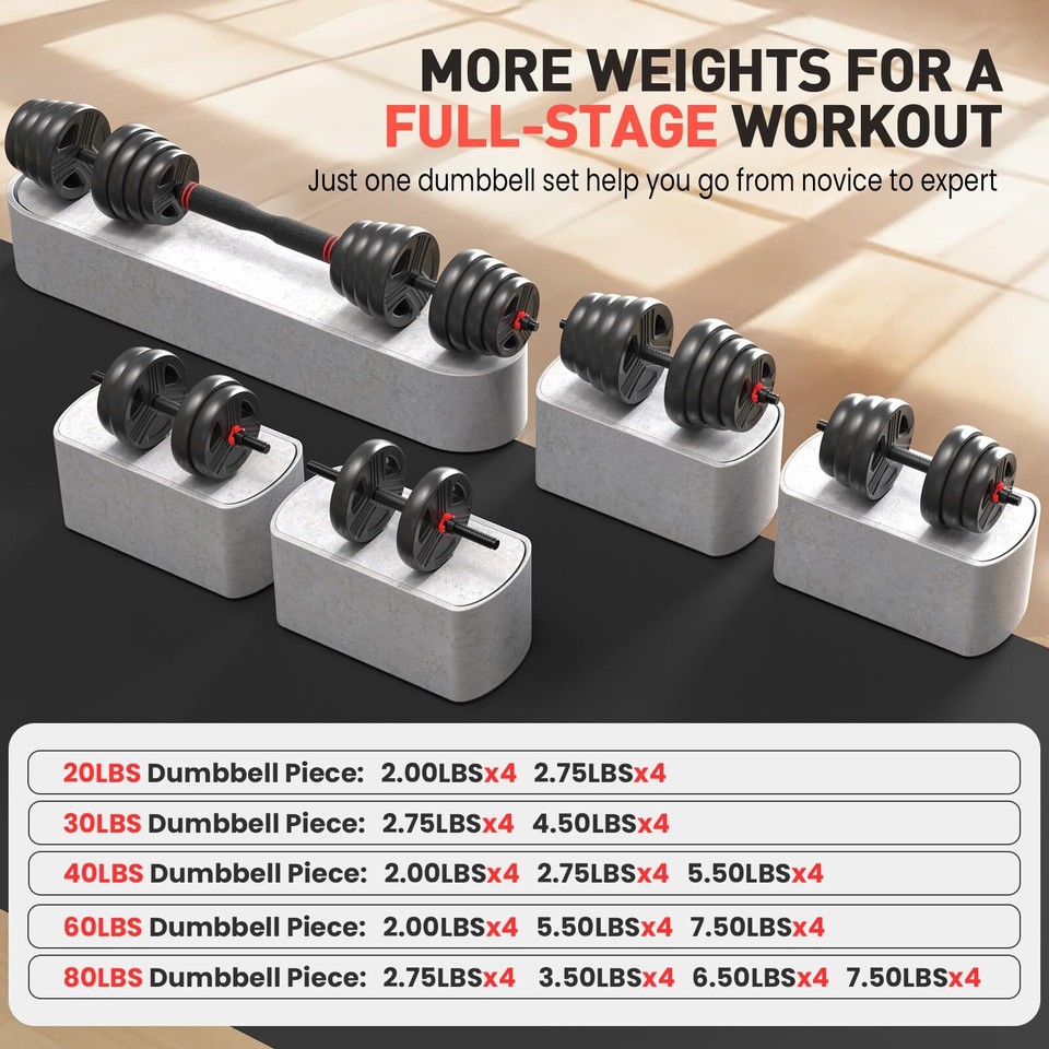 Adjustable Dumbbells Set 20/30/40/55/60/70/80/90Lbs Free Weight Set ...