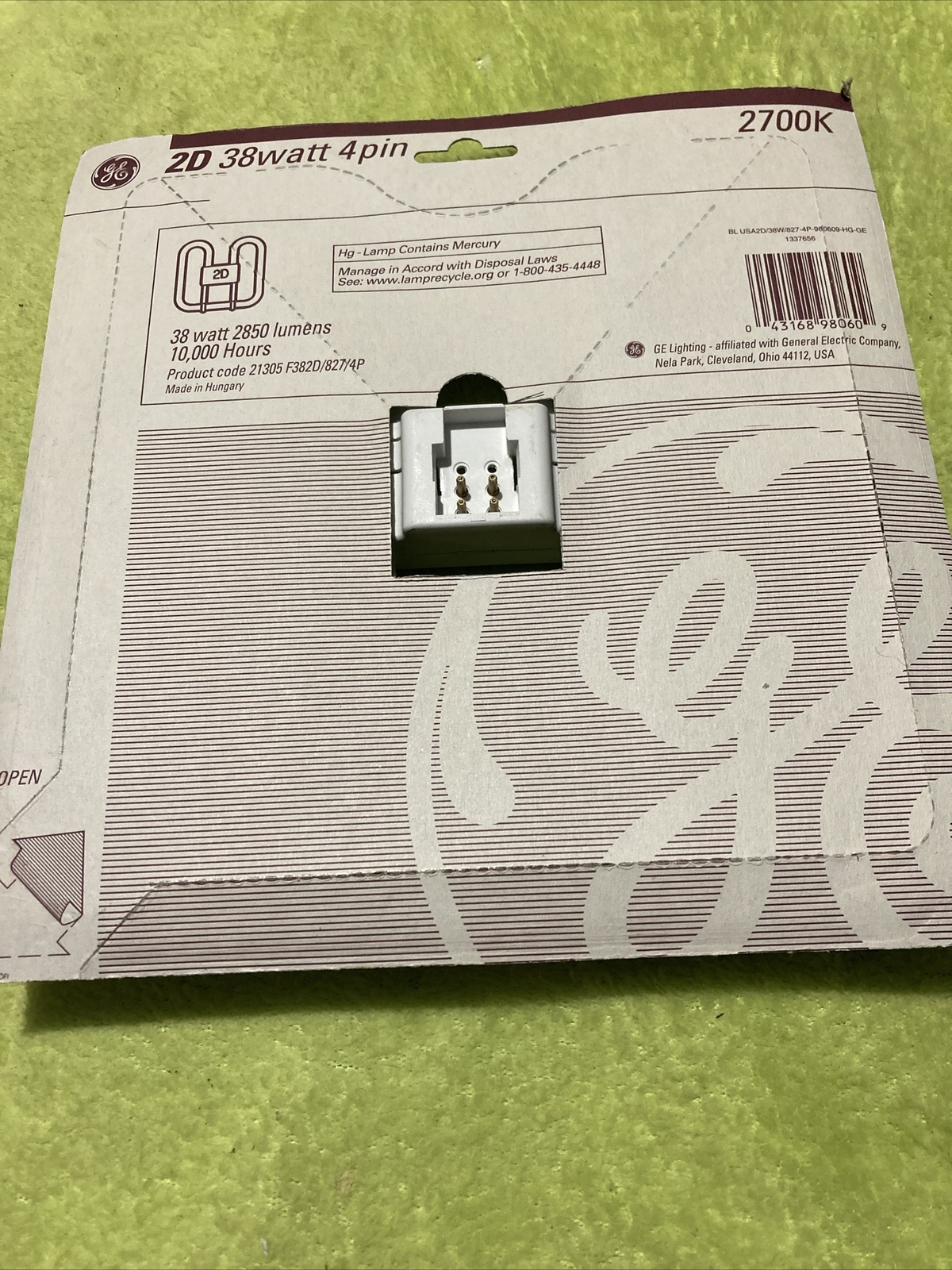 GE 38 Watt 2d Compact Fluorescent F38w2d/827 Polylux 4 Pin Light Bulb ...