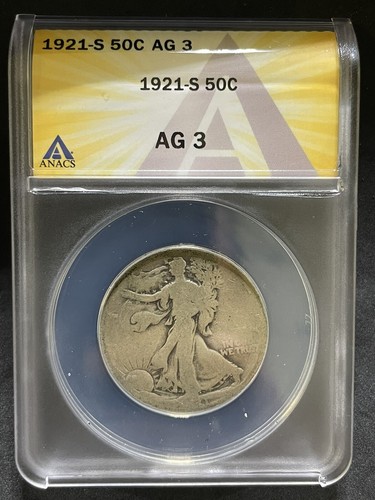 1921-S 50C WALKING LIBERTY SILVER HALF DOLLAR ANACS AG3. Free Shipping ...