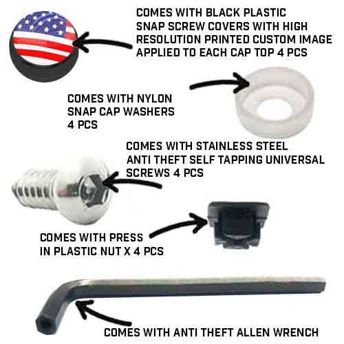 ANTI THEFT LICENSE PLATE SECURITY SCREWS STAINLESS + BLACK POW MIA CAPS ...