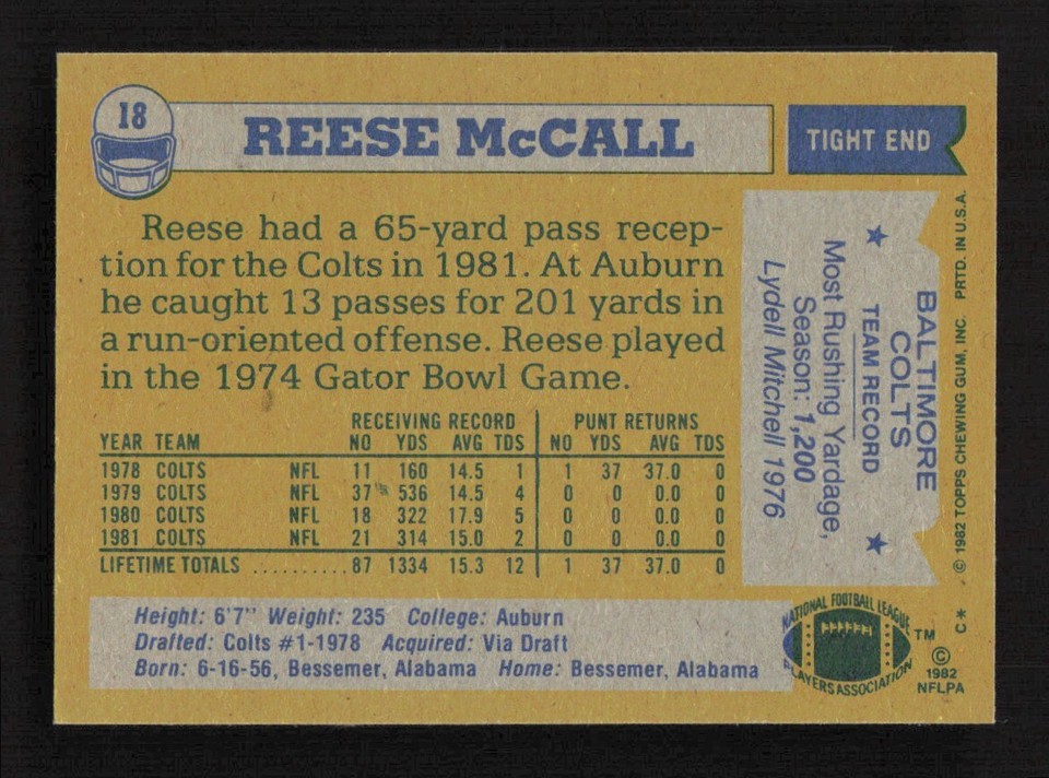 1982 Topps Football Reese McCall #18 Baltimore Colts | eBay