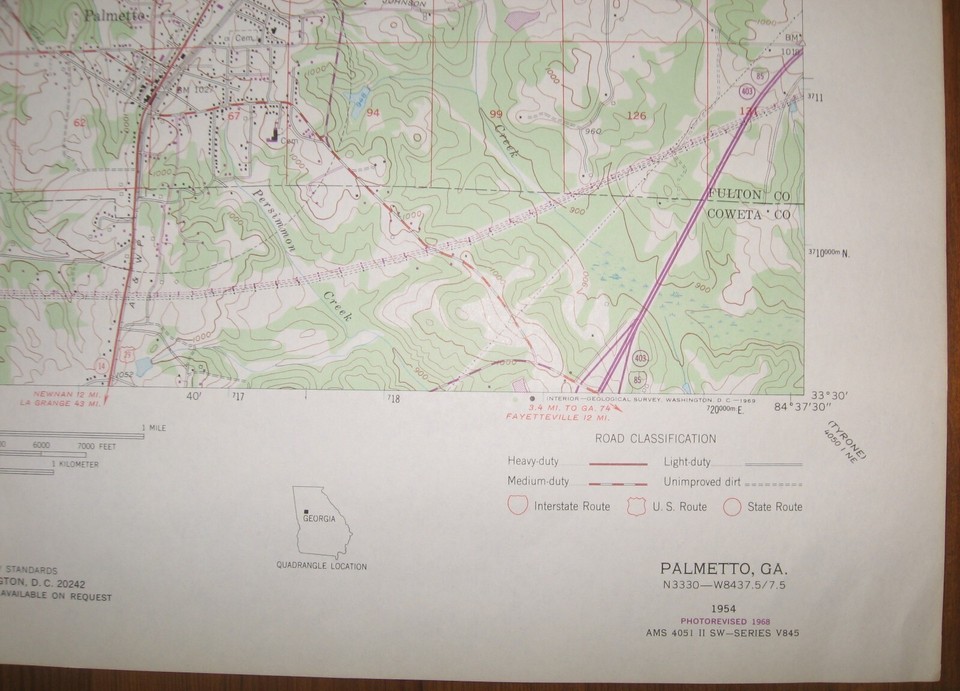 Palmetto, Georgia 1954 Photorevised 1968 Original Vintage USGS Topo Map ...