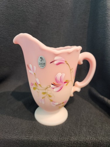 FENTON LIMITED PINK SATIN PITCHER VASE w PURPLE FLOWERS | eBay