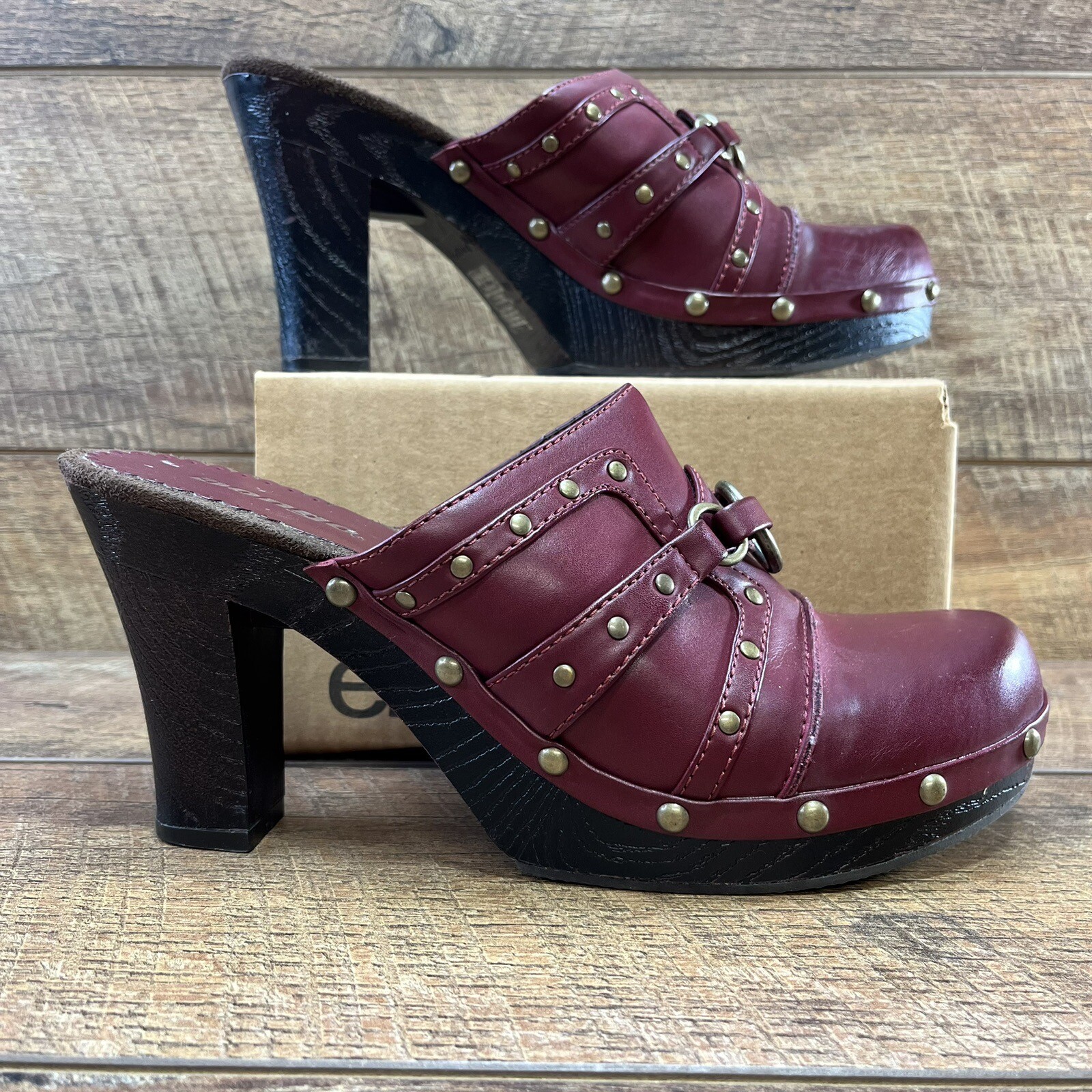 BONGO Y2K BURGUNDY STUDDED CLOGS PLATFORM HEELS WOME… - Gem