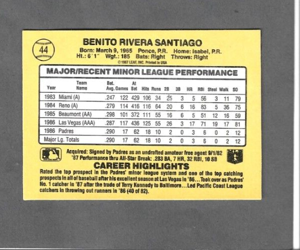Benito Santiago RC San Diego Padres 1987 Donruss The Rookies #44 | eBay