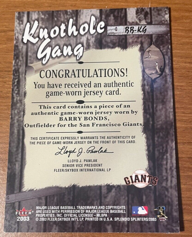 2003 Fleer Barry Bonds Splendid Splinters Knothole Gang Patch Relic ...