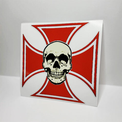 Skull & Red Iron Cross Vintage Style DECAL, Vinyl STICKER, hot rod, rat ...