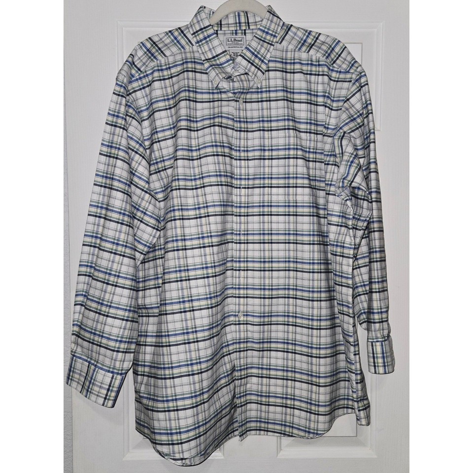 L.L. Bean Plaid Button Down Shirt Traditional Fit Cotton Blend Blue ...
