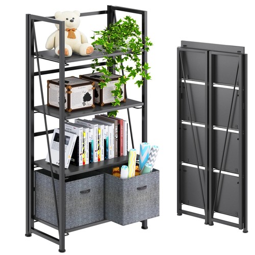 No-Assembly Folding Bookshelf Storage Shelves 4 Tiers Vintage Bookcase ...