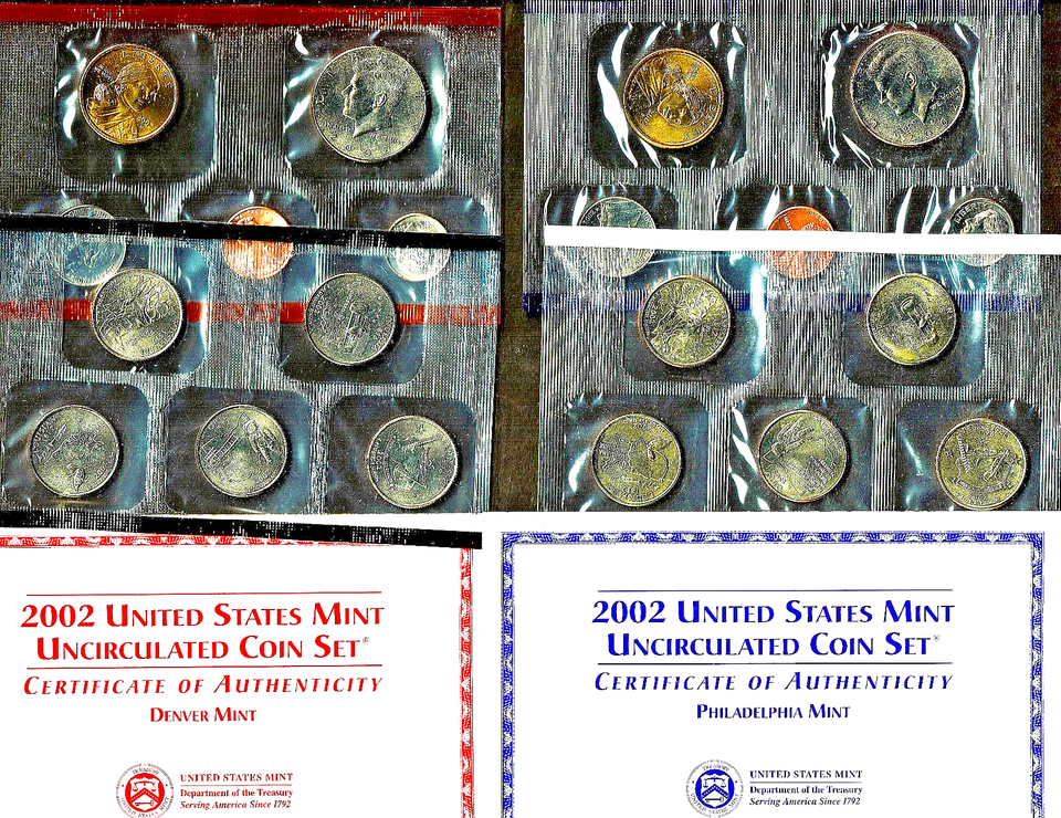 2002-p/d U.S. 20 coin mint sets with 5 States quarter dollar coins in ...